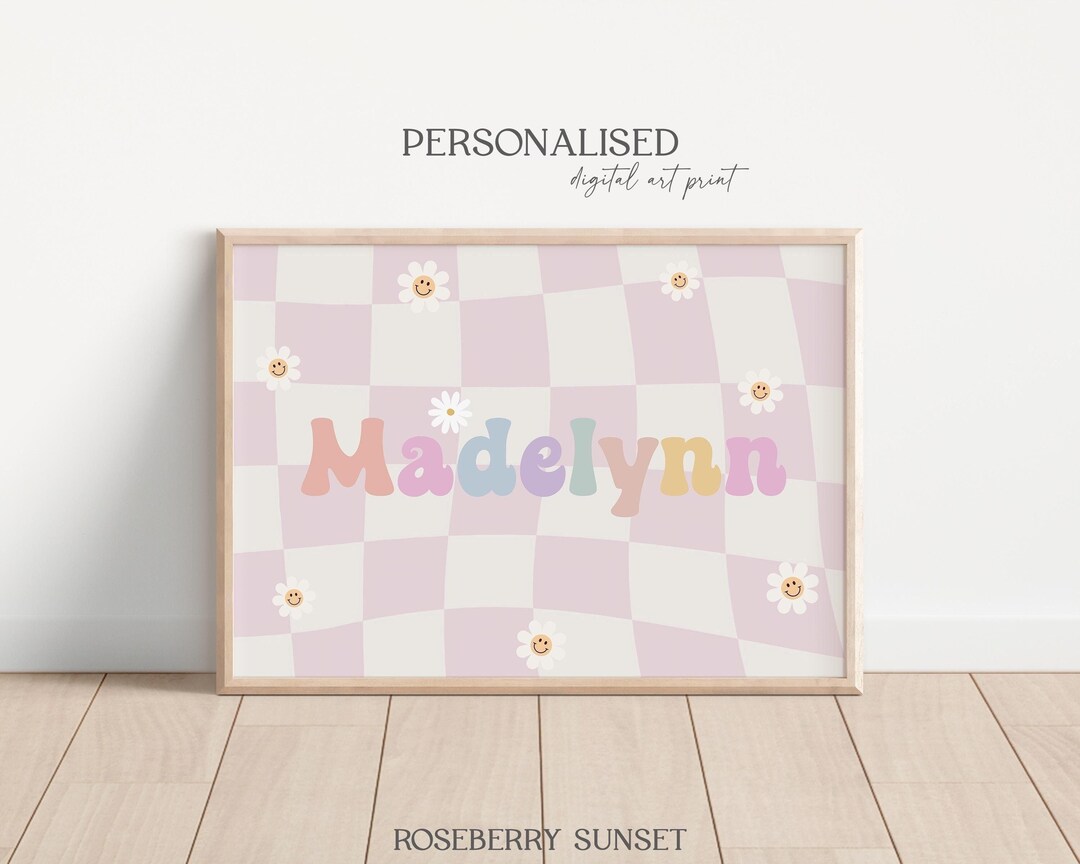 Personalized Pastel Pink Checkered Daisy Girl Name Print | Retro Daisy ...