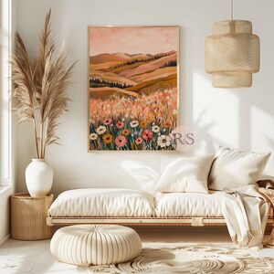 Boho Wildflower Mountain Landscape Painting Art Print | Boho Sunset ...