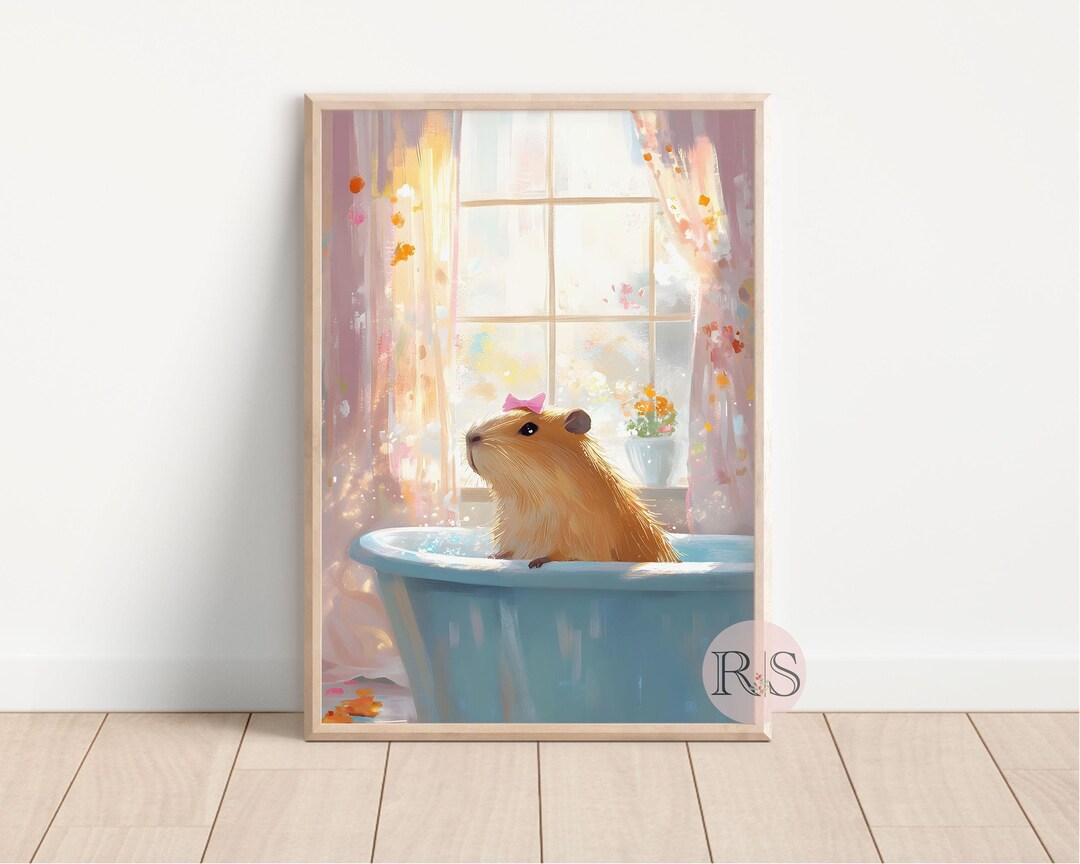 Pink Bow Capybara Bathtub Painting Art Print | Pink Bow Capybara Preppy ...