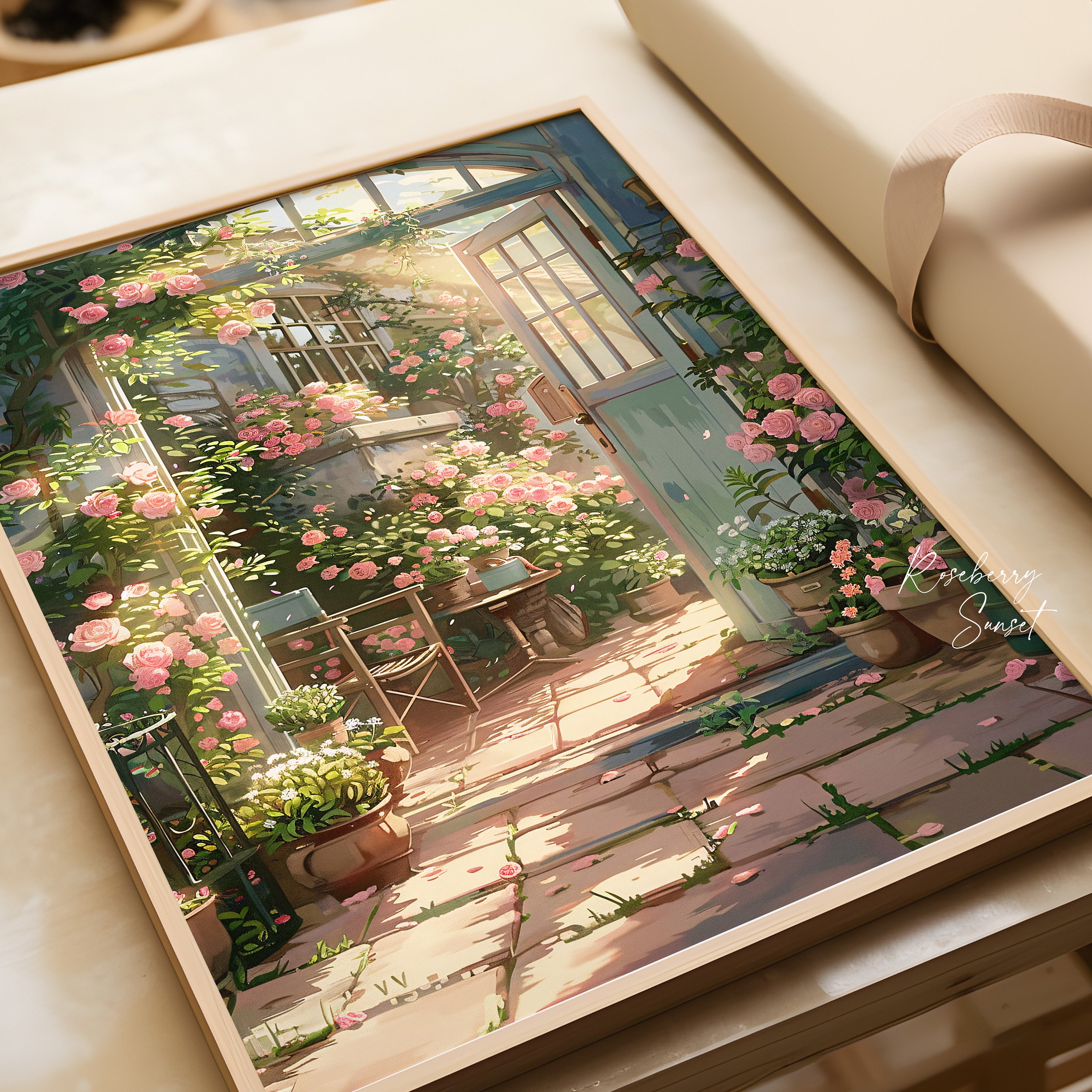 Floral Cottage Front Porch Art Print: Pink Rose Flower Garden ...