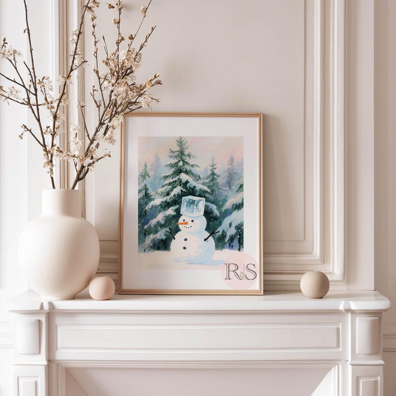 Christmas Snowman Art Print: Snowy Winter Pine Tree Forest Snowman ...