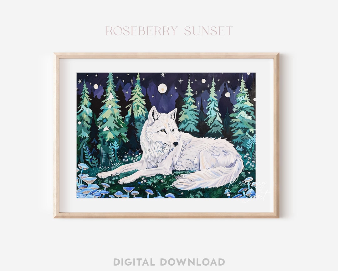 Starry Night White Wolf Art Print: Dark Woods Enchanted Forest Wildlife ...