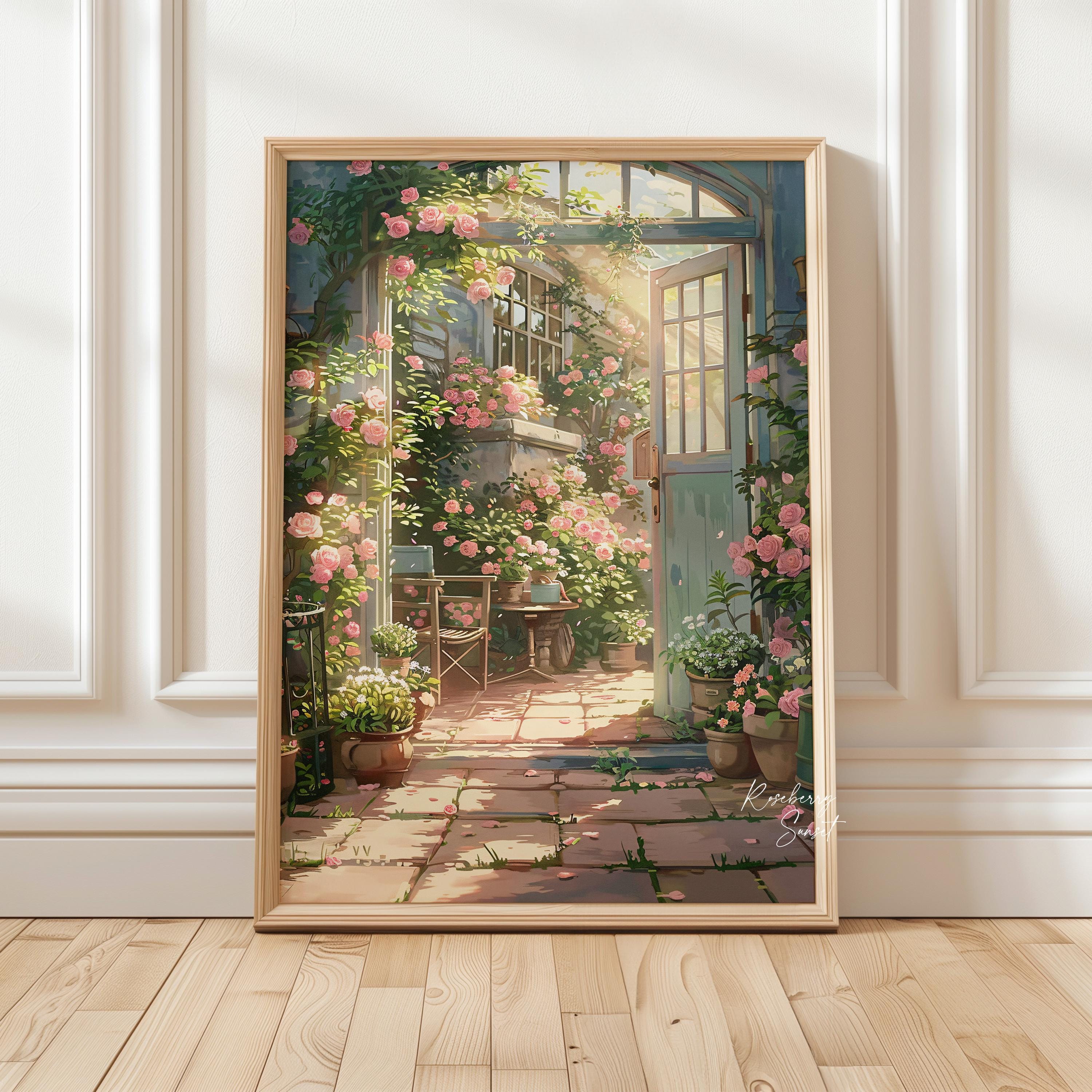 Floral Cottage Front Porch Art Print: Pink Rose Flower Garden ...