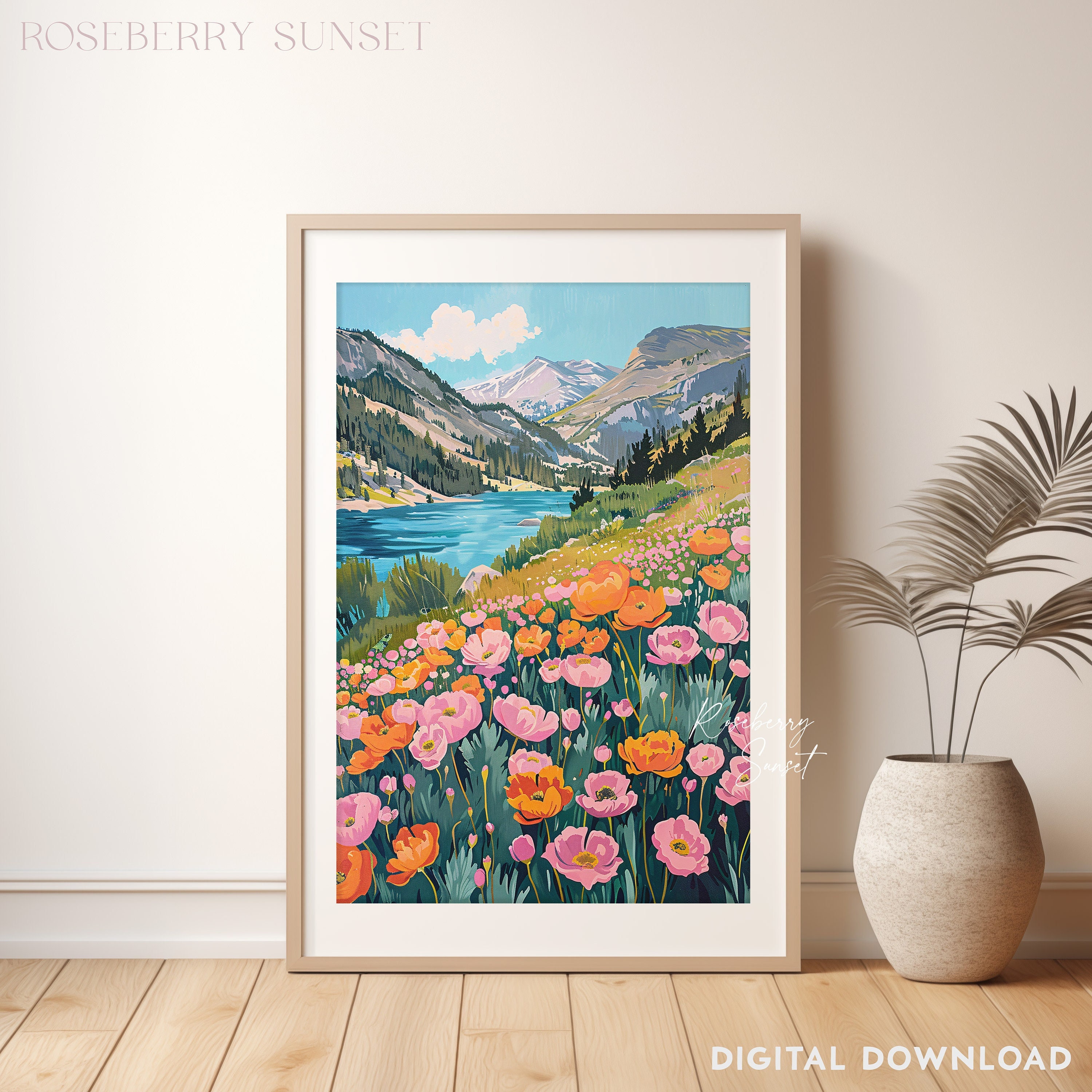 Spring Summer Mountain Wildflower Art Print: Pink Orange Floral Lake ...