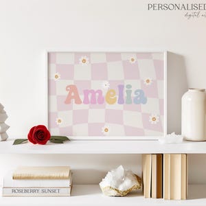 Personalized Pastel Pink Checkered Daisy Girl Name Print | Retro Daisy ...