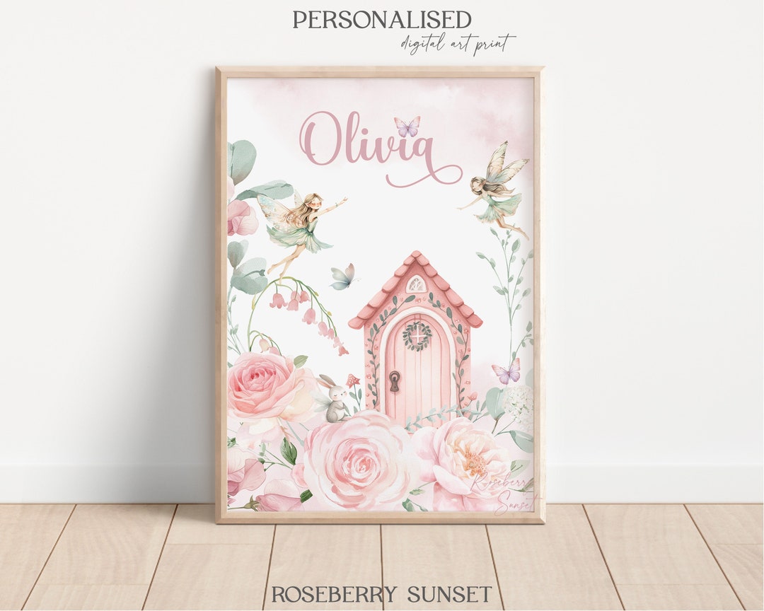 Personalized Fairy Name Sign Fairy Garden Watercolor Art | Soft Pink ...