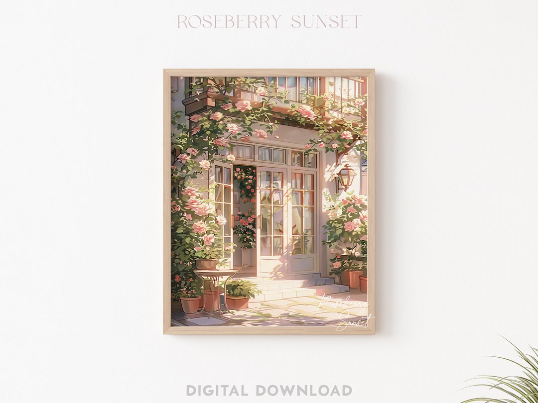 Floral Cottage Front Porch Art Print: Pink Rose Flower Garden ...