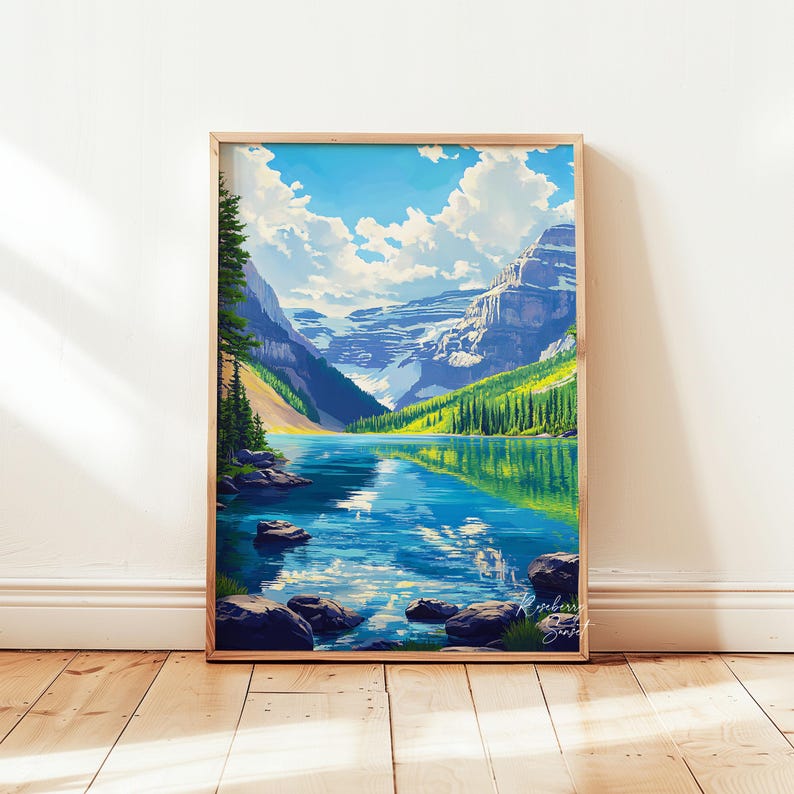 Snowy Mountain Lakeview Art Print: Summer Lake Scene Bright Nature ...