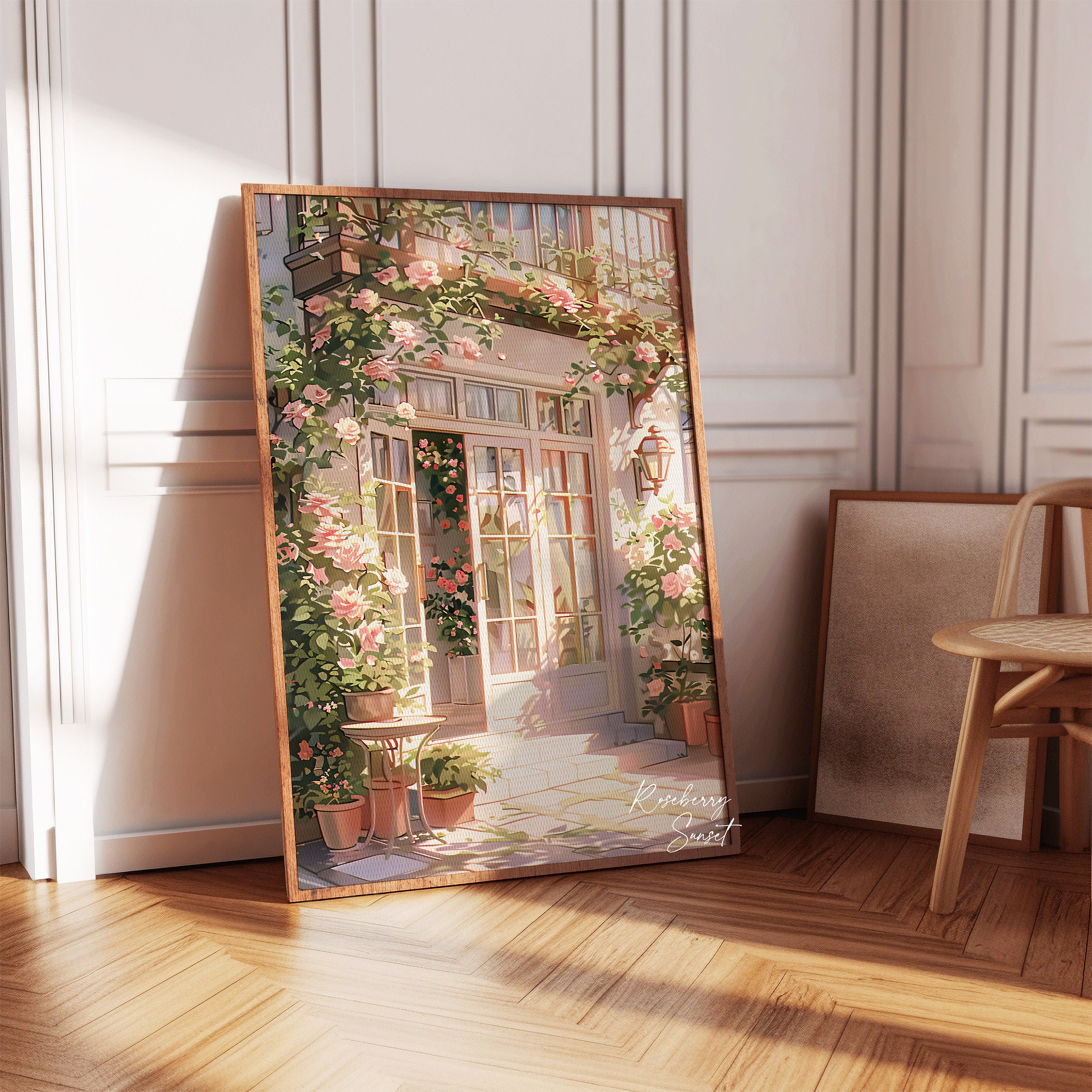 Floral Cottage Front Porch Art Print: Pink Rose Flower Garden ...