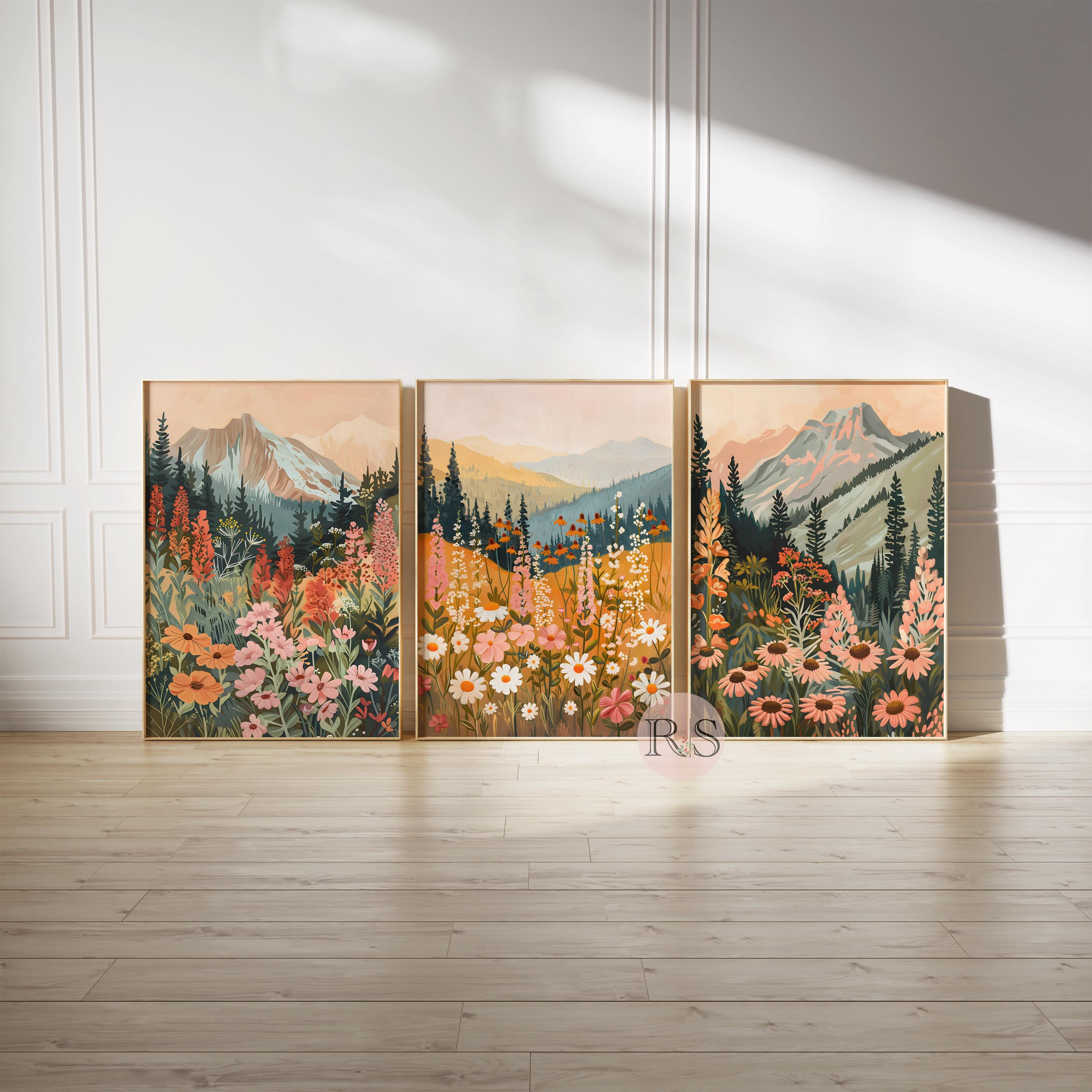 Boho Mountain Wildflower Art Print Set: Earth Tones Sunset Floral ...