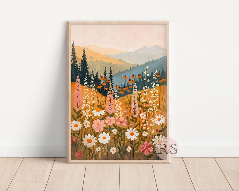 Boho Mountain Wildflower Art Print Set: Earth Tones Sunset Floral ...