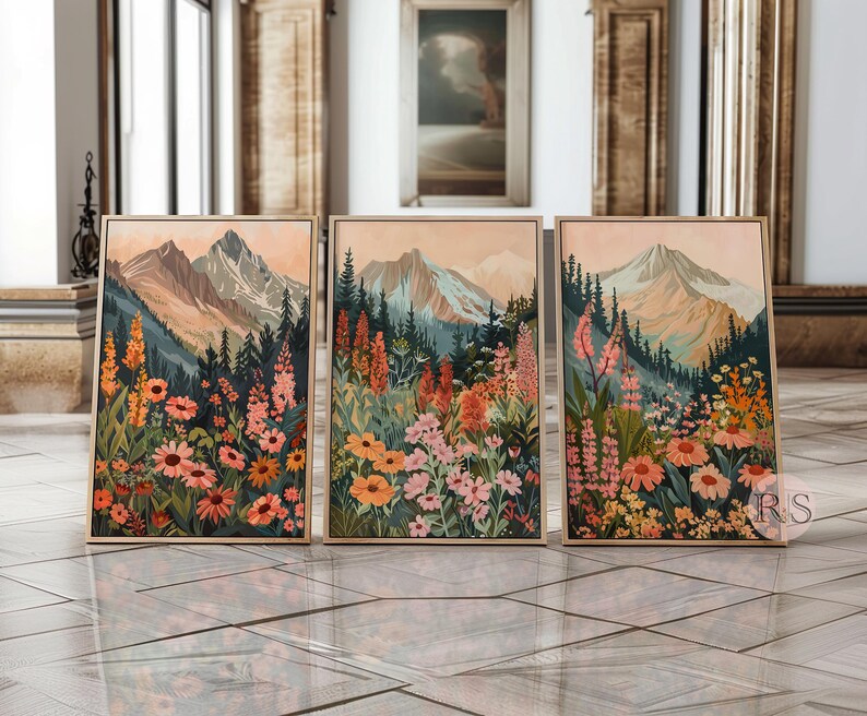 Boho Wildflower Mountain Art Print Set: Pink & Orange Floral Landscape ...