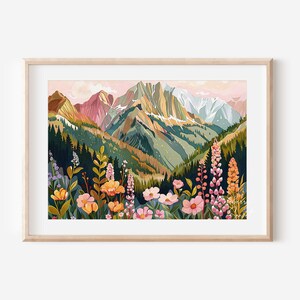 Spring Summer Mountain Landscape Wildflower Art Print | Spring Floral ...