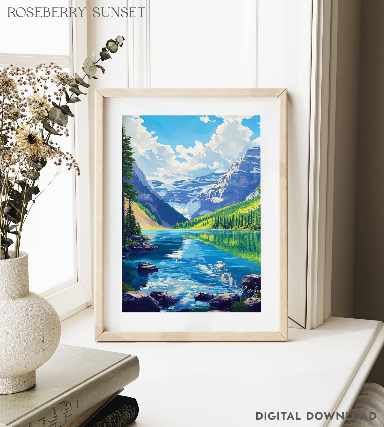 Snowy Mountain Lakeview Art Print: Summer Lake Scene Bright Nature ...