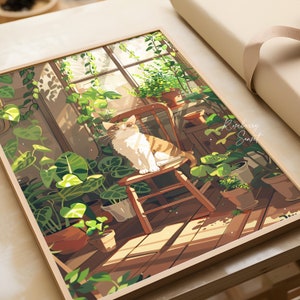 Greenhouse Cat Anime Style Botanical Cat Art Print | Botanical ...