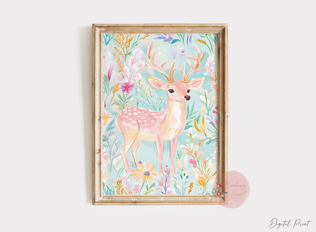 Preppy Deer Pastel Floral Watercolor Art Print | Pastel Spring Floral ...