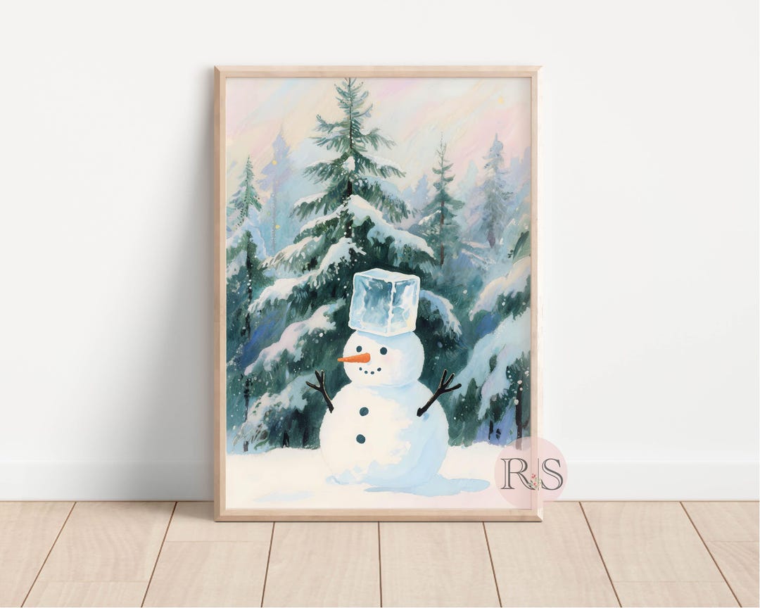 Christmas Snowman Art Print: Snowy Winter Pine Tree Forest Snowman ...