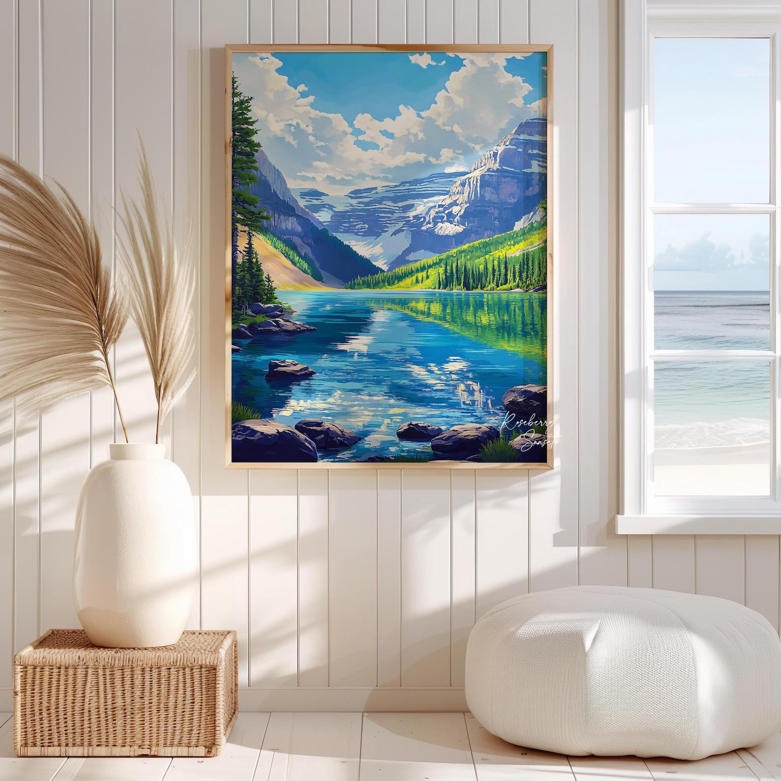 Snowy Mountain Lakeview Art Print: Summer Lake Scene Bright Nature ...
