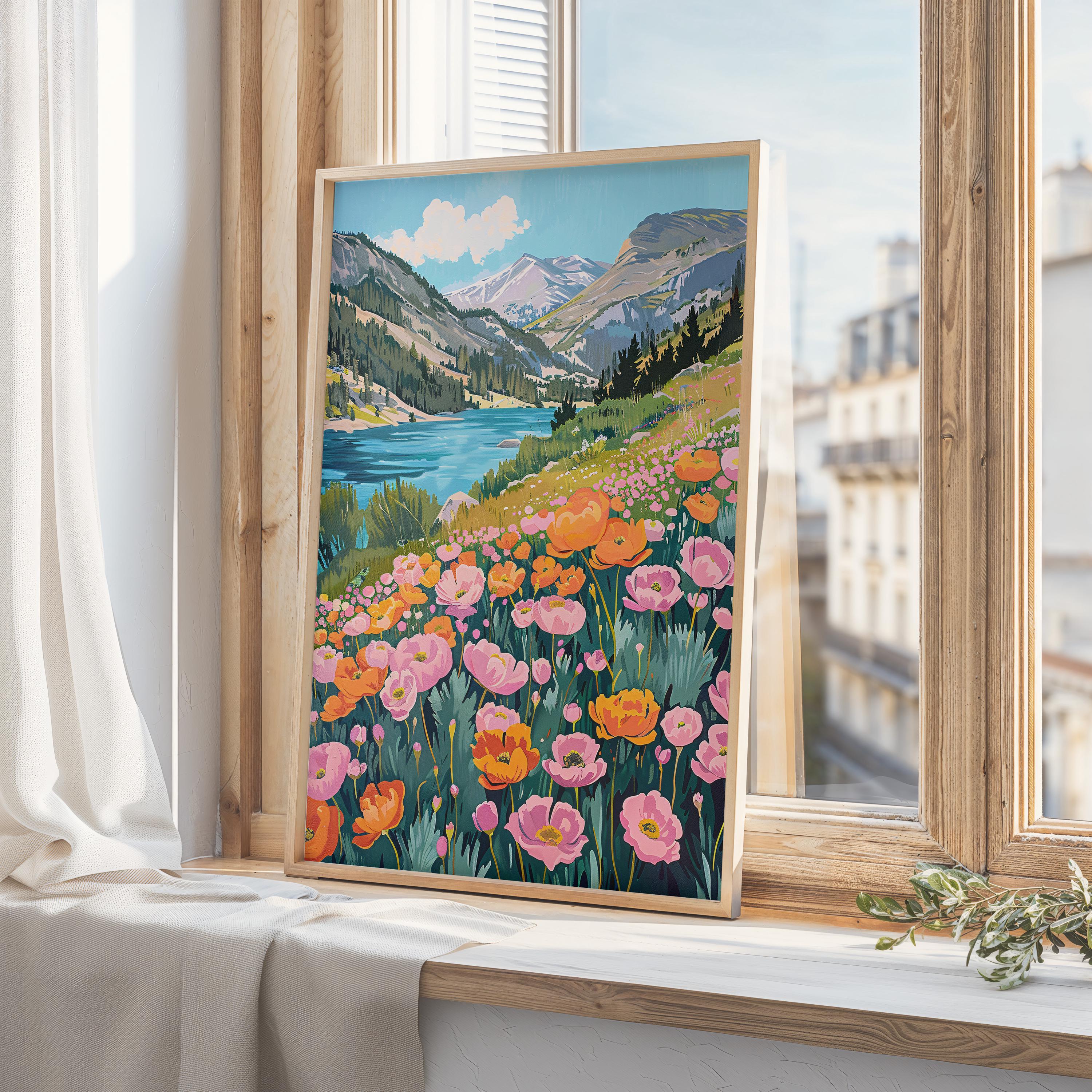 Spring Summer Mountain Wildflower Art Print: Pink Orange Floral Lake ...