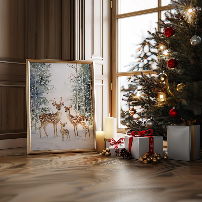 Deer Family Winter Landscape Art Print: Christmas Reindeer Snowy Pine ...