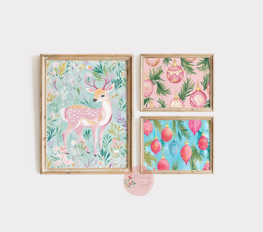 Set of 3 Preppy Christmas Art Print | Pink Ornaments Christmas Baubles ...