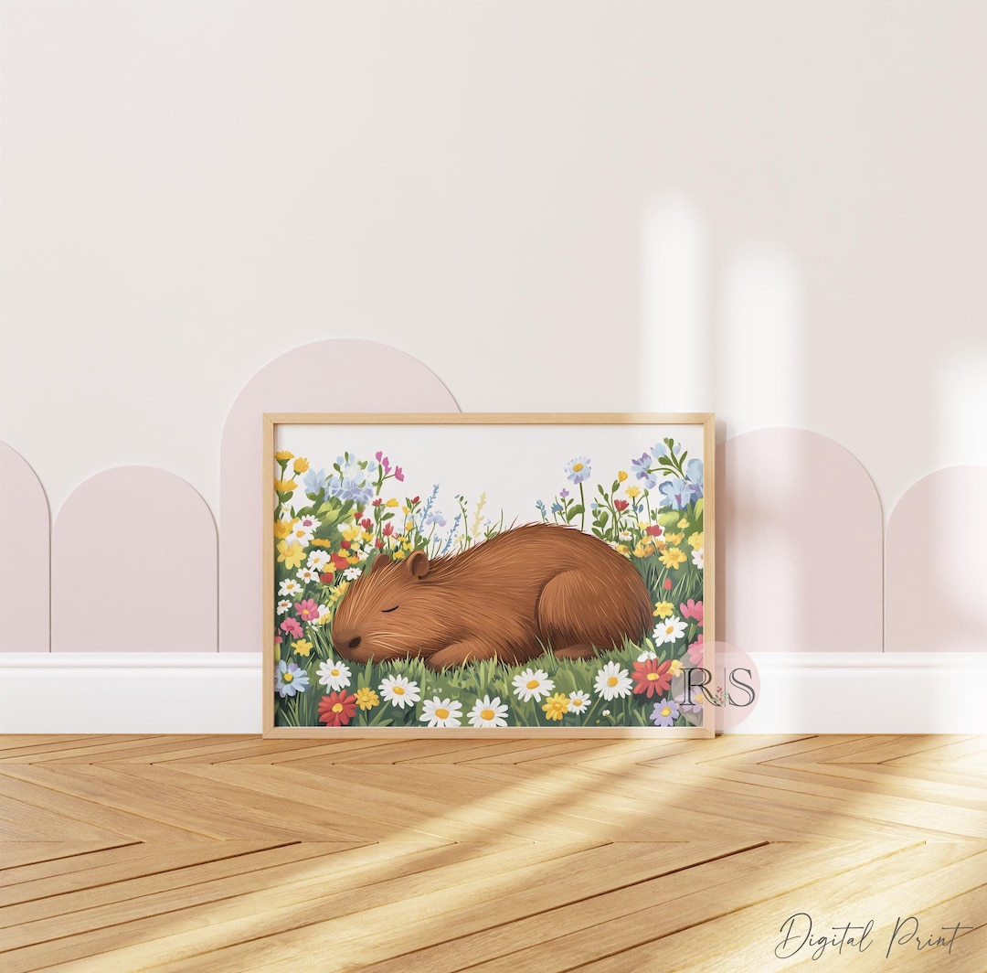 Sleeping Baby Capybara Wildflower Painting Art Print | Cute Capybara ...