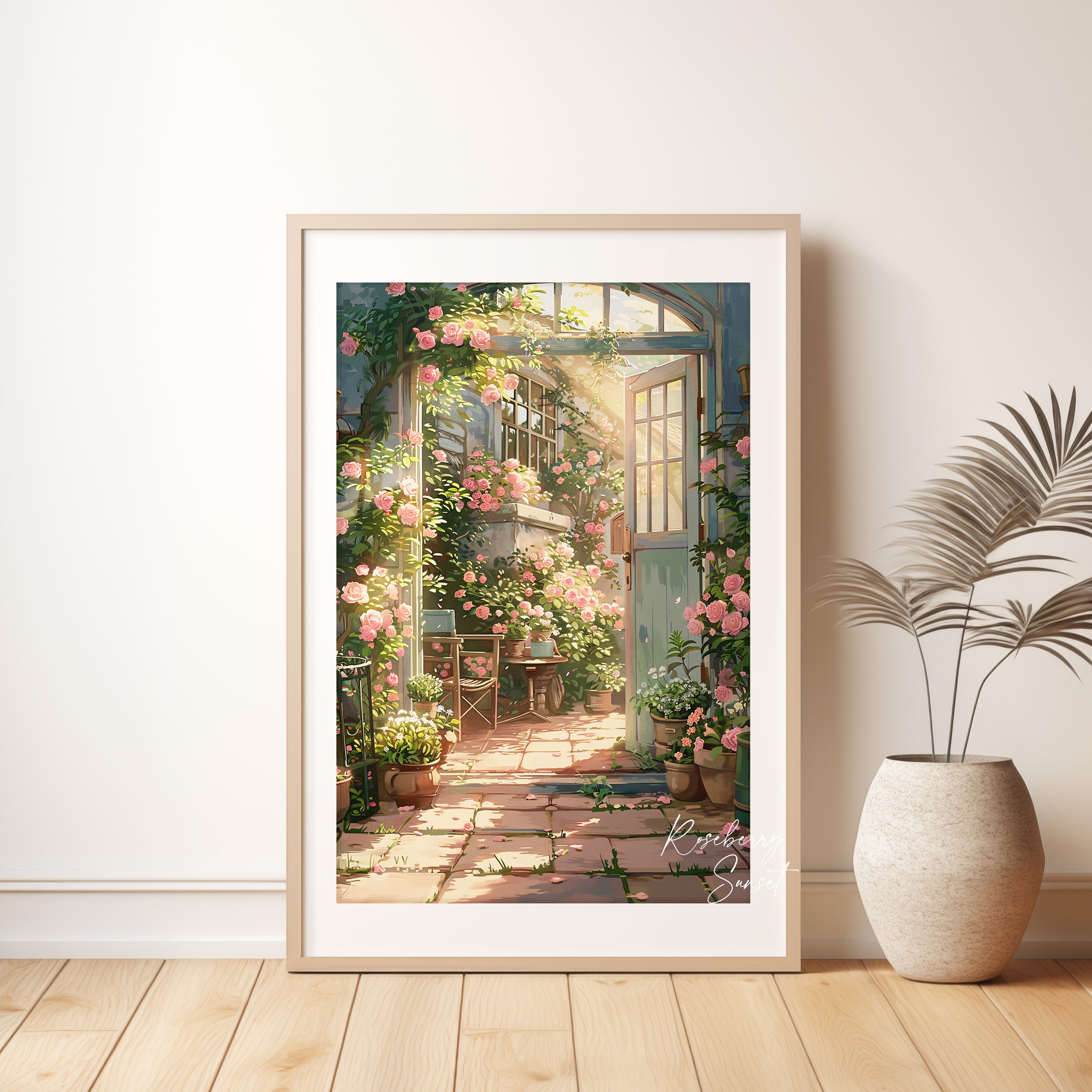 Floral Cottage Front Porch Art Print: Pink Rose Flower Garden ...