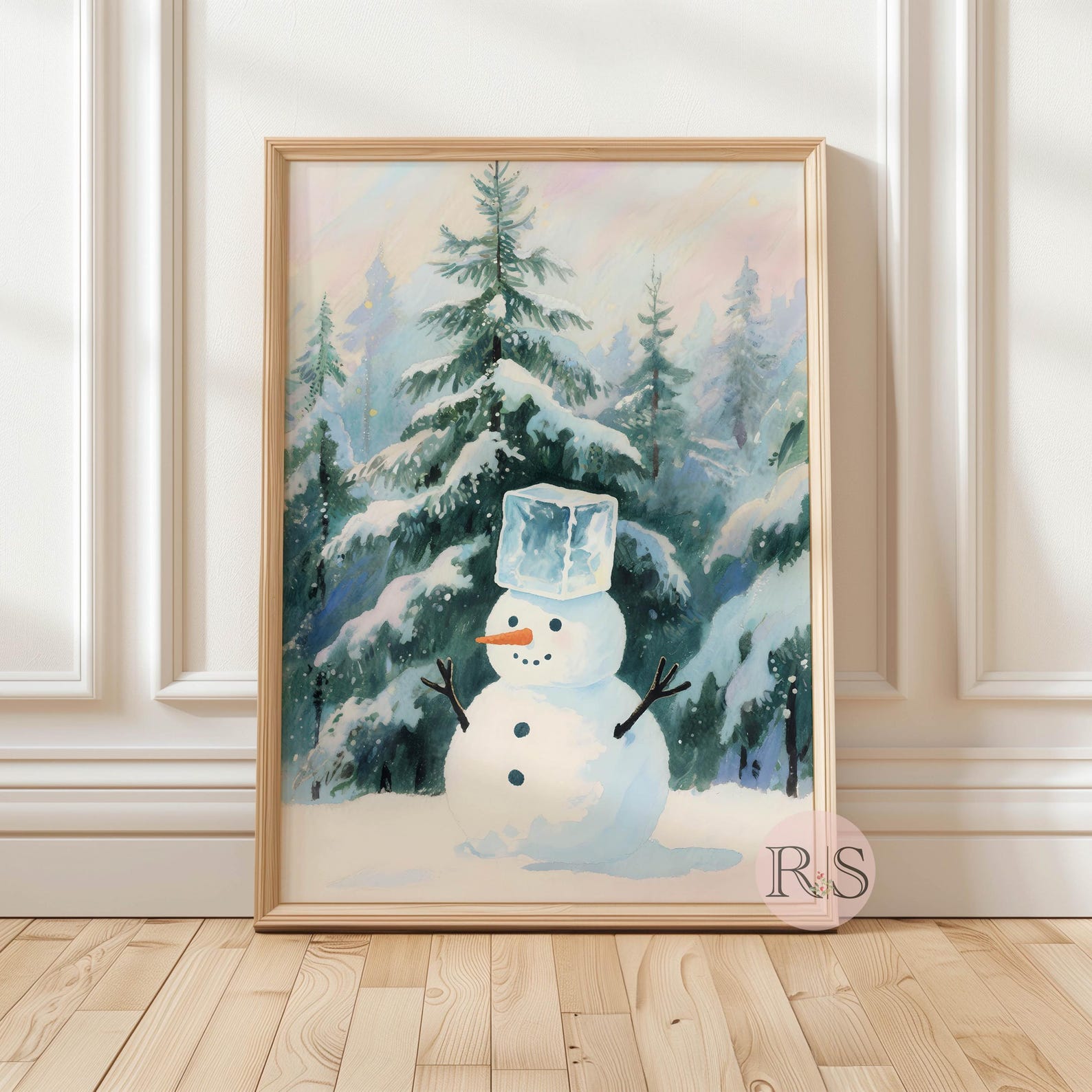 Christmas Snowman Art Print: Snowy Winter Pine Tree Forest Snowman ...
