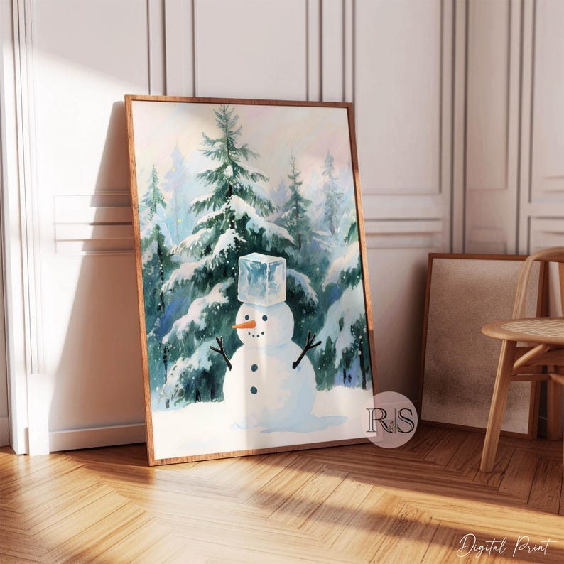 Christmas Snowman Art Print: Snowy Winter Pine Tree Forest Snowman ...