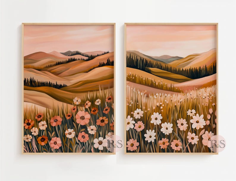 Boho Wildflower Mountain Art Print Set: Neutral Earth Tones Floral ...