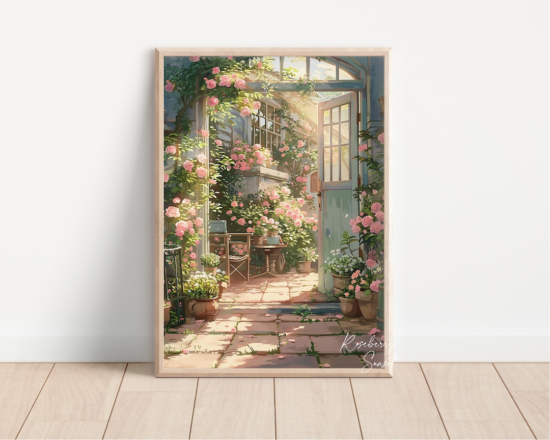 Floral Cottage Front Porch Art Print: Pink Rose Flower Garden ...