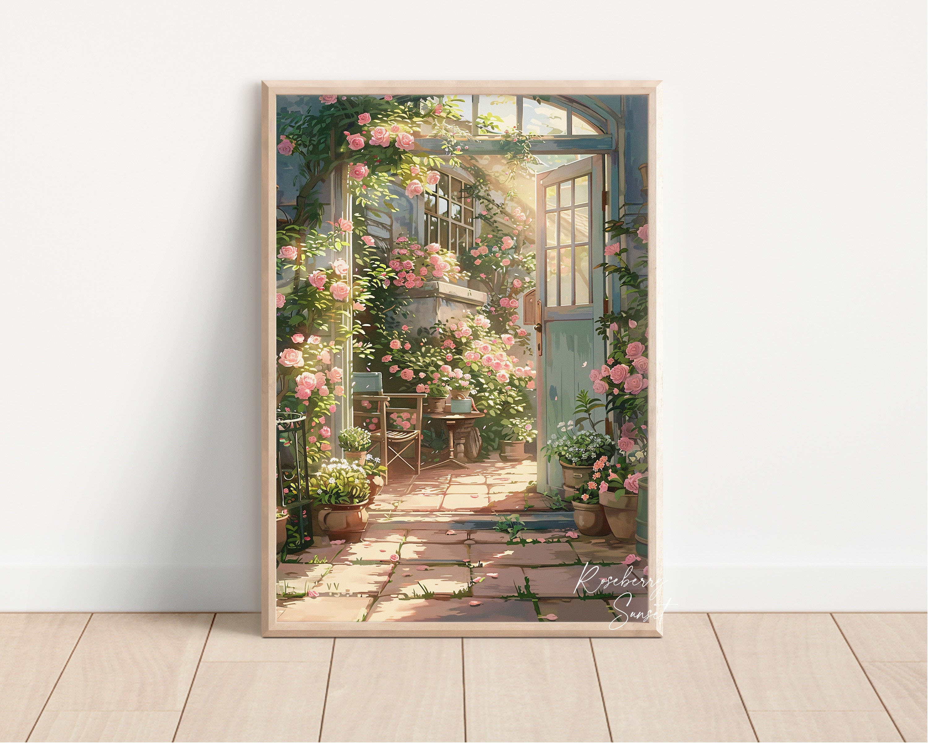 Floral Cottage Front Porch Art Print: Pink Rose Flower Garden ...