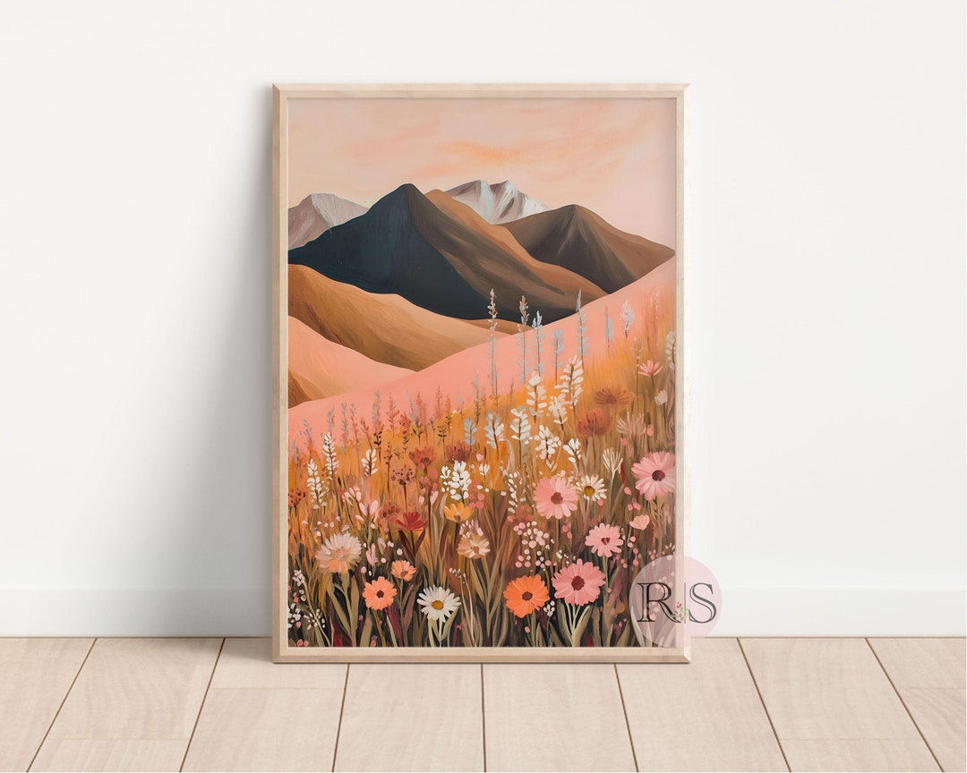 Boho Wildflower Sunset Landscape Painting Art Print | Earth Tones Boho ...