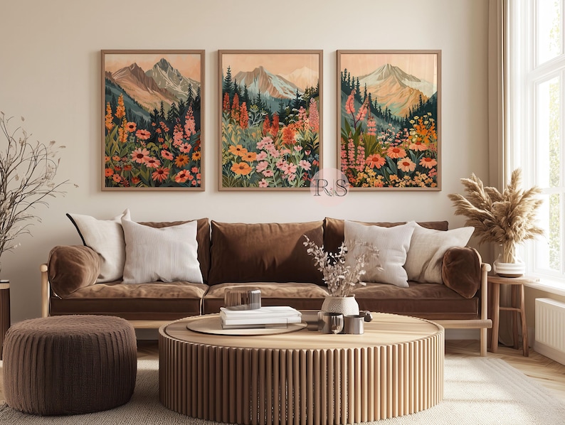 Boho Wildflower Mountain Art Print Set: Pink & Orange Floral Landscape ...