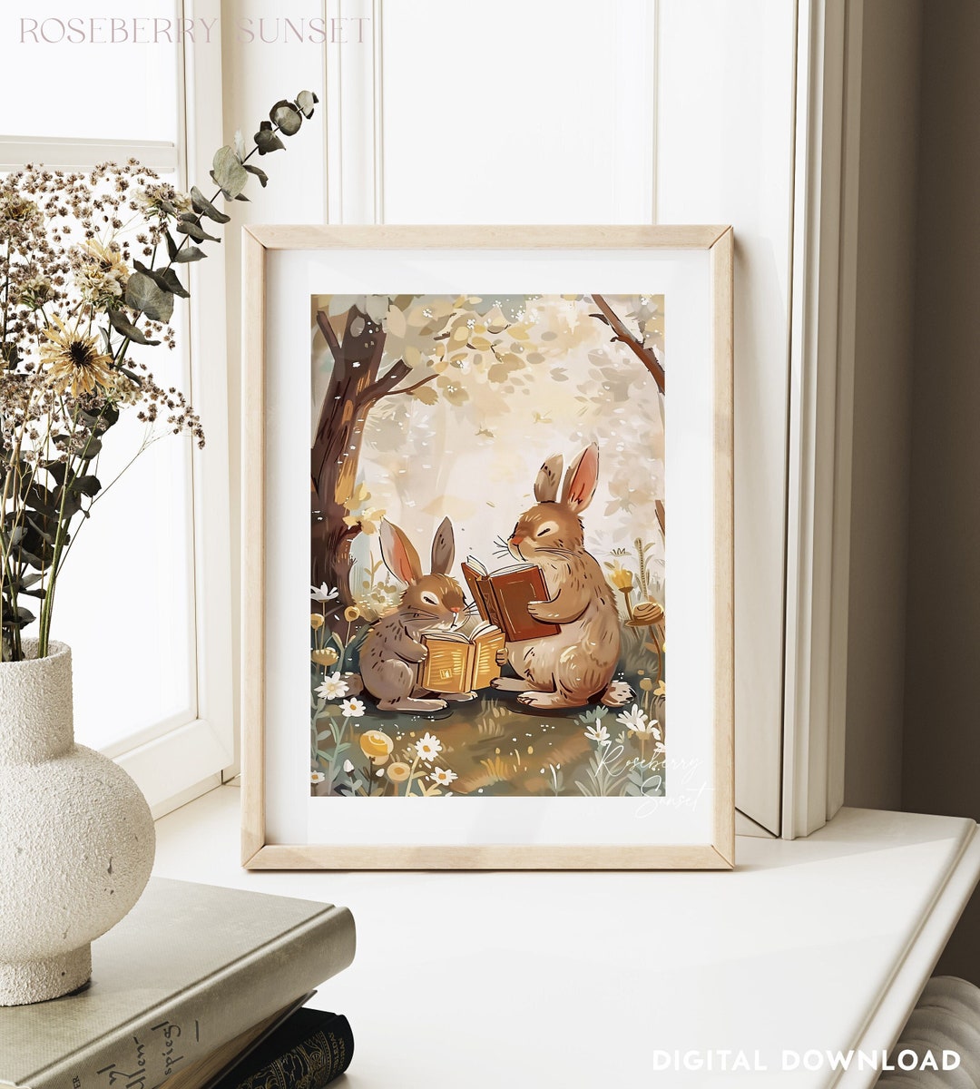 Bunnies Reading Corner Art Print: Children's Book Rabbits Reading ...