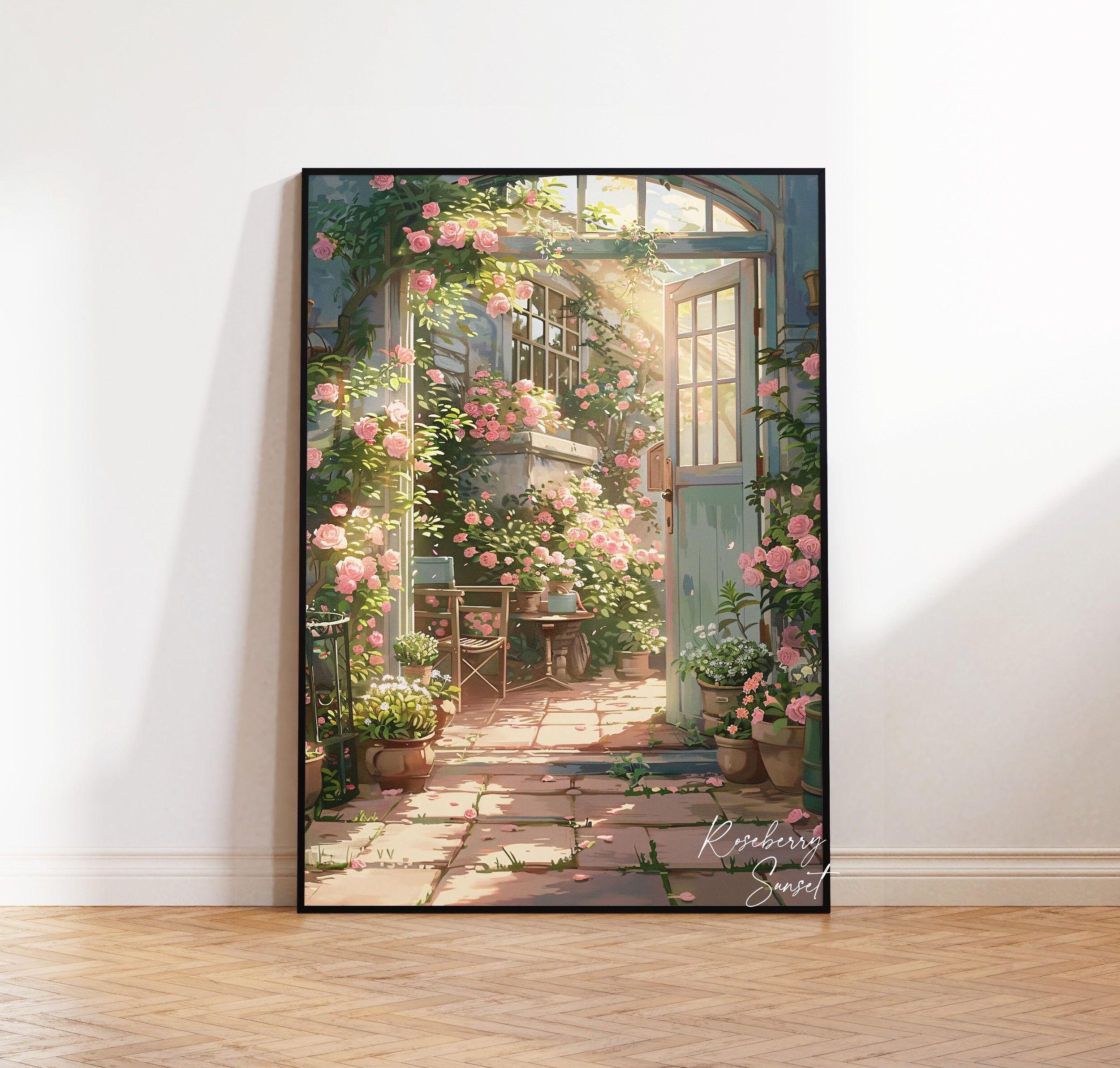 Floral Cottage Front Porch Art Print: Pink Rose Flower Garden ...