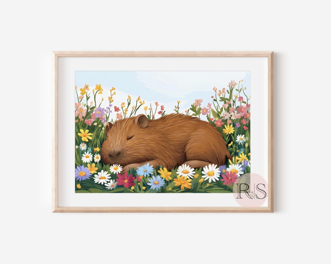 Sleeping Baby Capybara Wildflower Painting Art Print | Cute Capybara ...