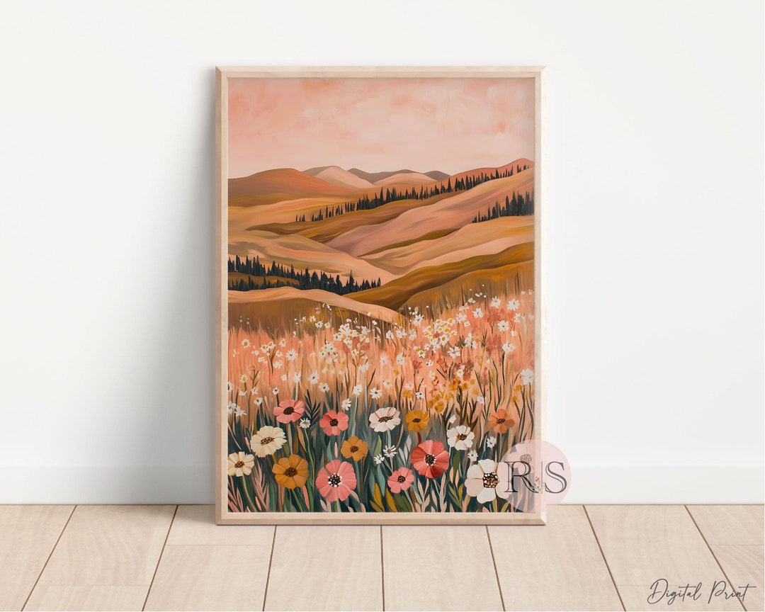 Boho Wildflower Mountain Landscape Painting Art Print | Boho Sunset ...