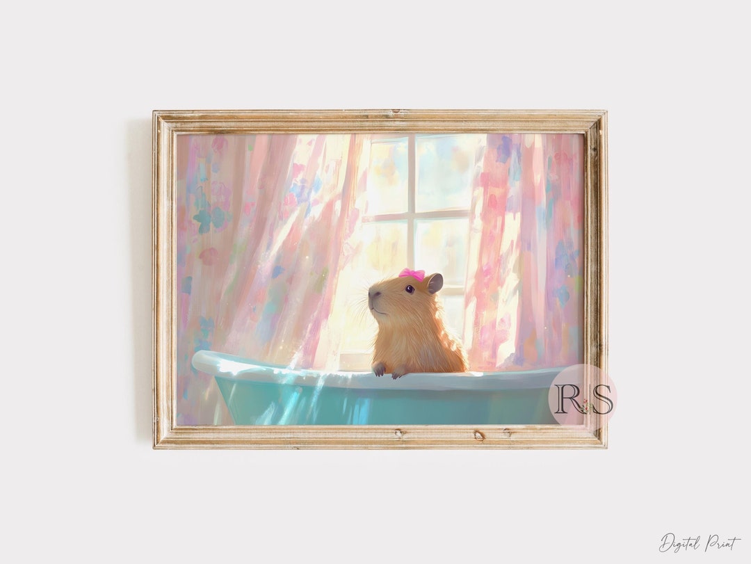 Preppy Capybara Bathtub Art Print: Pink Bow Girly Coquette Bathroom ...