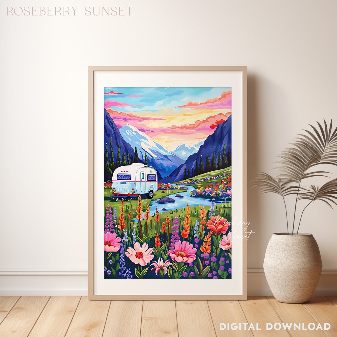 Camper Van Wildflower River Mountain Art Print: Retro Camper Spring Landscape Painting (digital ...
