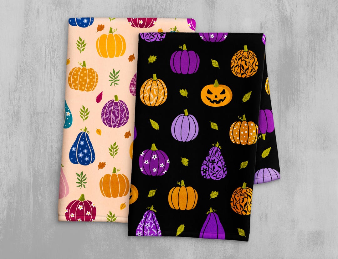 SET OF TWO Fall Pumpkin Dish Towels - Halloween & Autumn Theme Kitchen ...