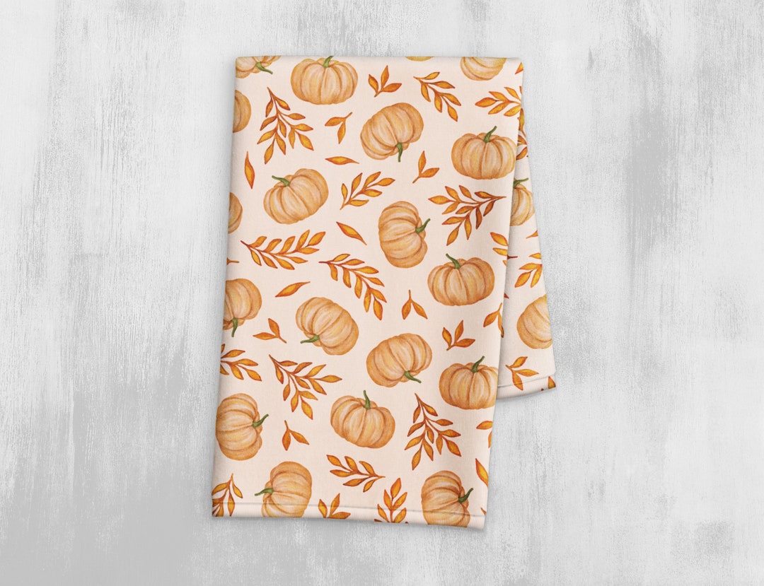 Fall Decor Kitchen Towel - Watercolor Pumpkin and Leaf Print ...