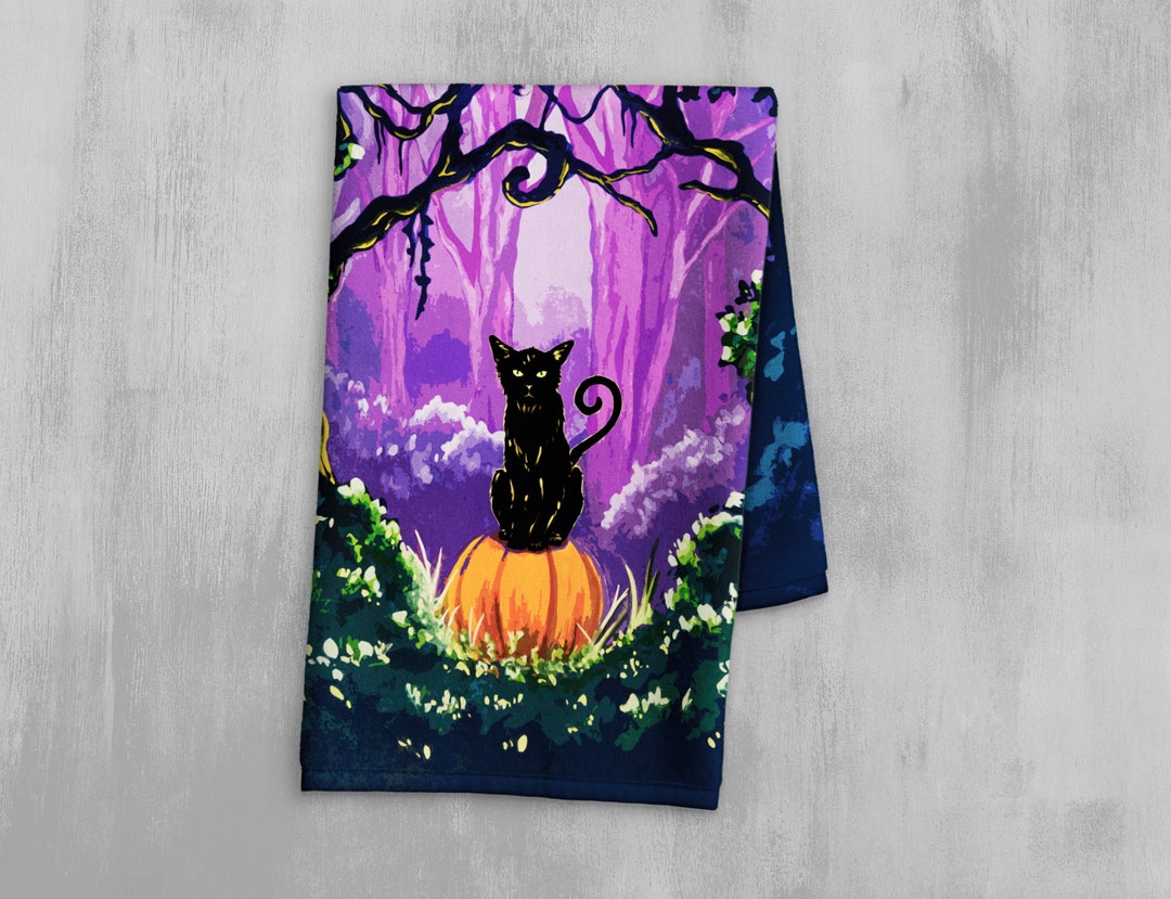 Halloween Hand Towel - Black Cat & Pumpkin Kitchen Towel - Spooky ...