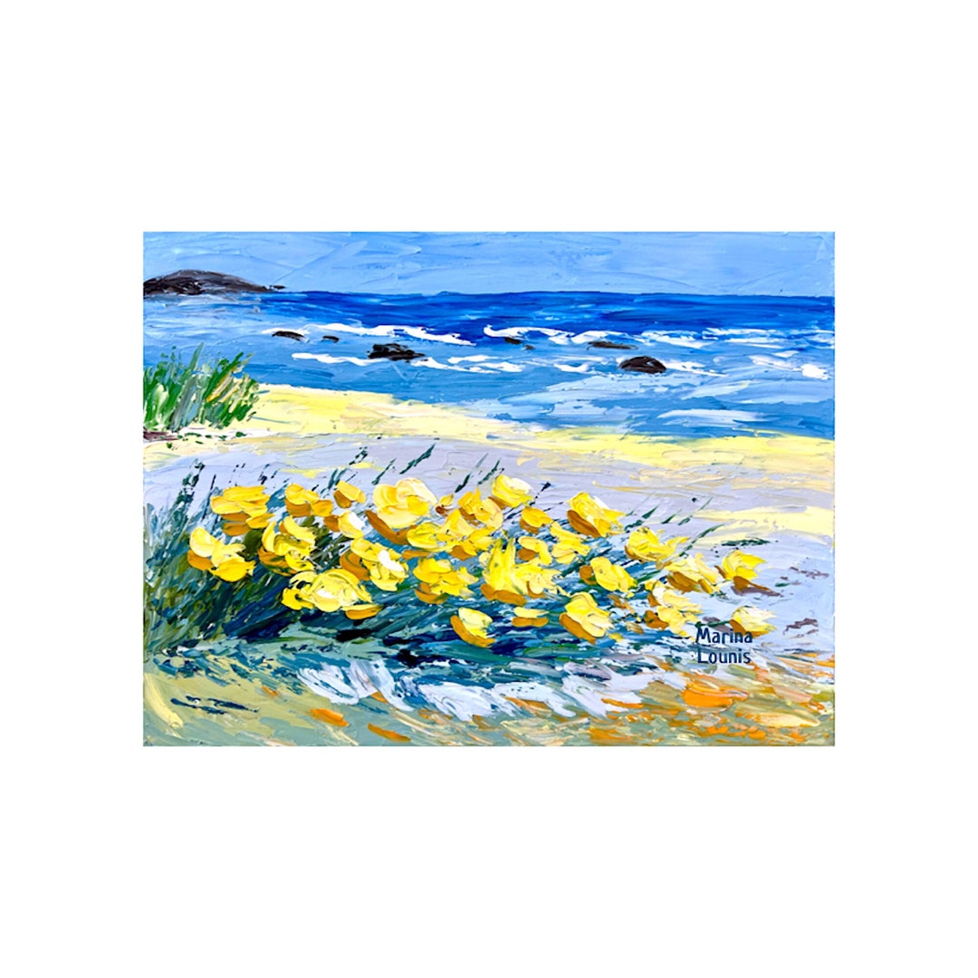 Beach Path Floral Art Marigold Florida Art Navy Yellow Beach Flowers ...