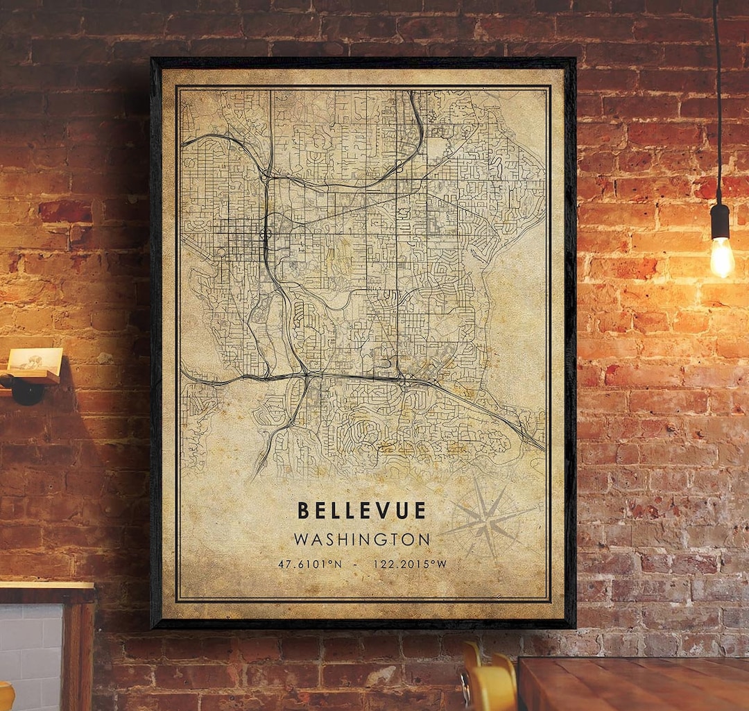 Bellevue Vintage Map Print | Bellevue Map | Washington Map Art ...