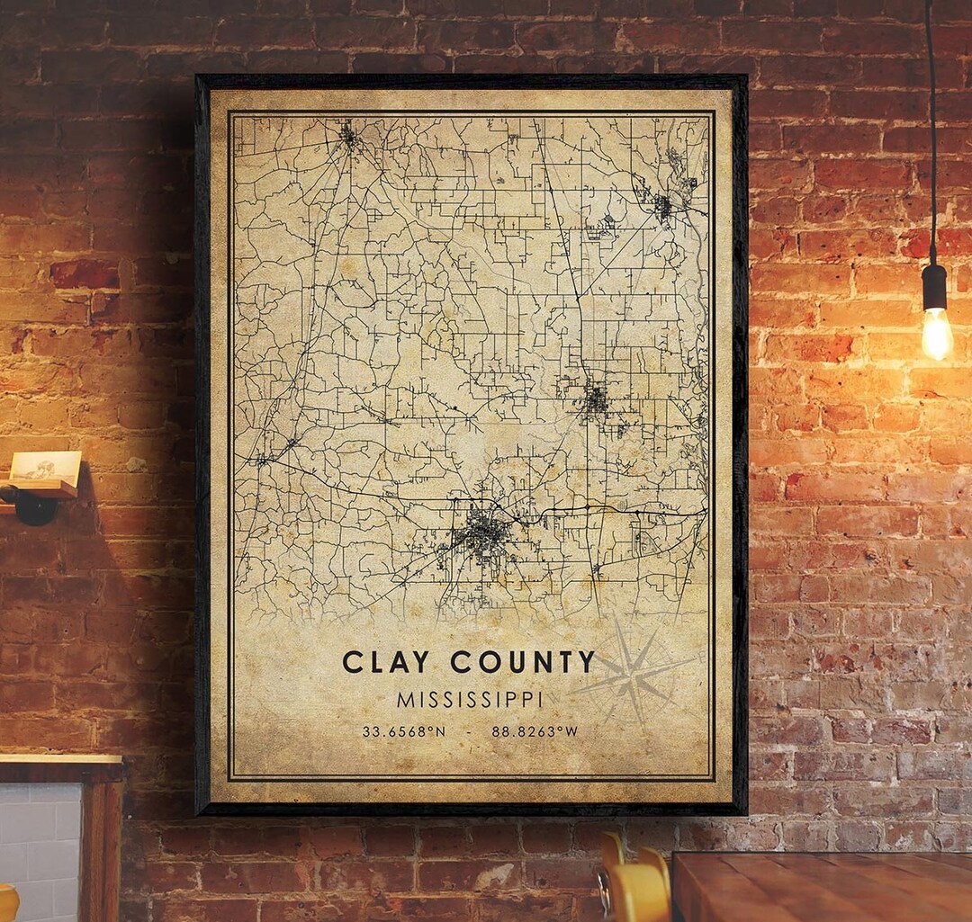 Clay County Vintage Map Print | Clay County Map | Mississippi Map Art ...