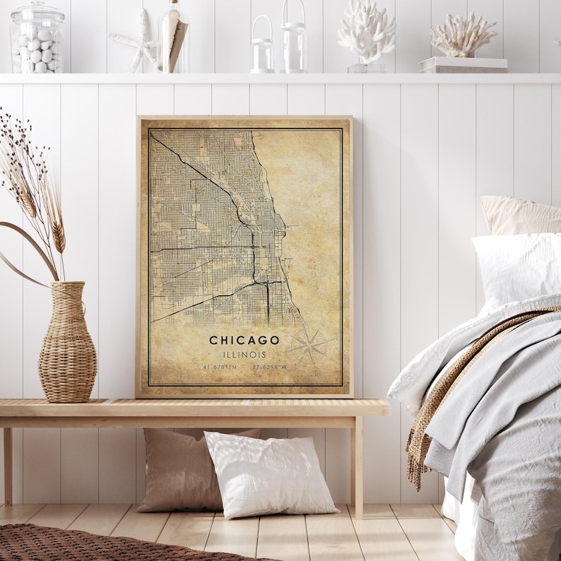 Chicago Vintage Map Print Chicago Map Illinois Map Art - Etsy