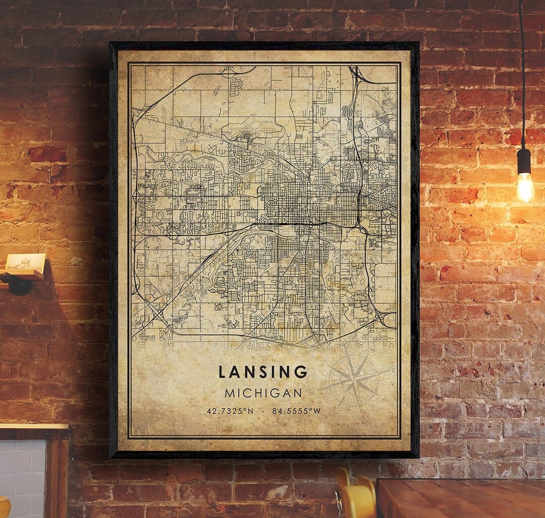 Lansing Map Print | Lansing Map | Michigan Map Art | Lansing City Road ...