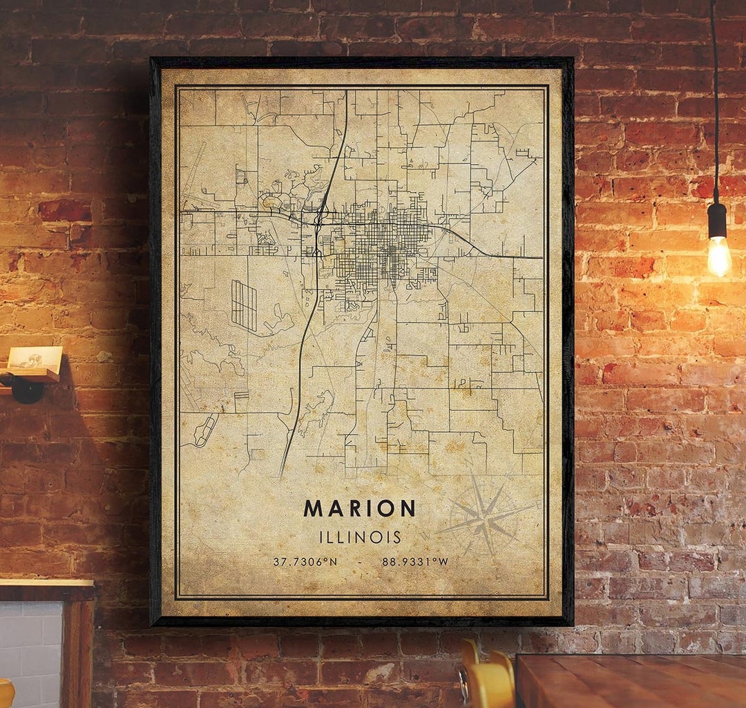 Marion Map Print | Marion Map | Illinois Map Art | Marion City Road Map Poster | Vintage Gift ...
