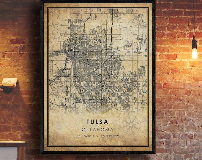 Tulsa Vintage Map Poster Wall Art City Artwork Print Antique, Rustic ...
